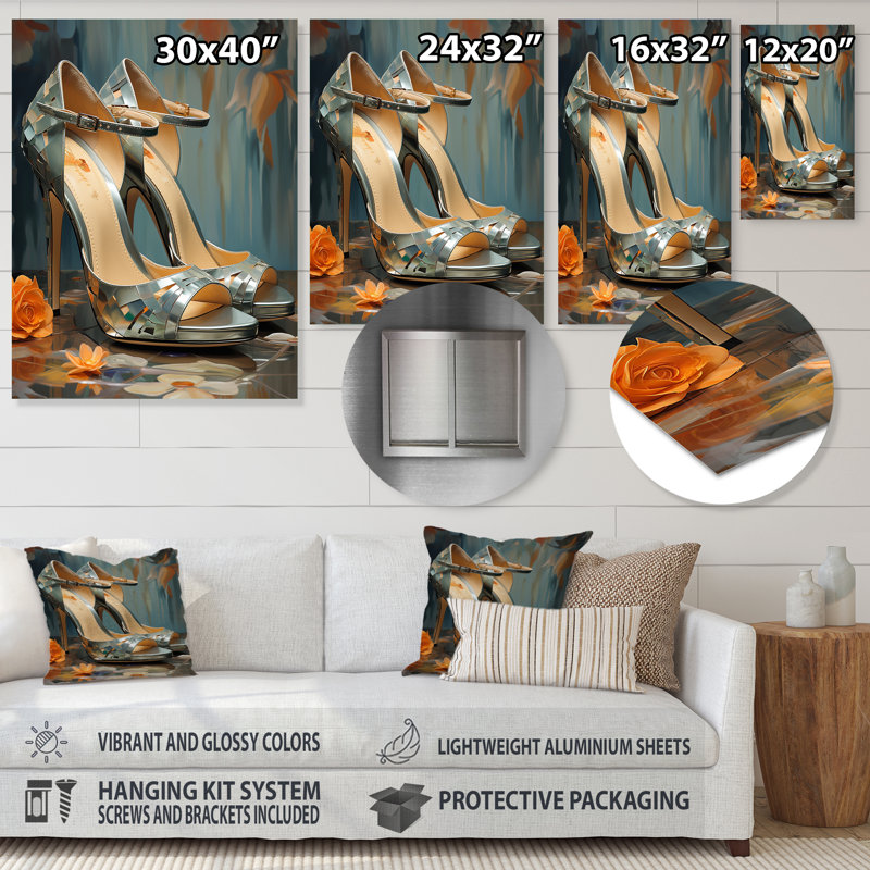 Mercer41 Blue High Heel Floral Elegance III - Fashion High Heels Metal Wall Art | Wayfair